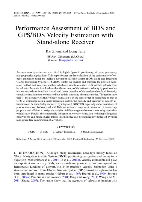 Pdf Performance Assessment Of Bds And Gpsbds Velocity Estimation
