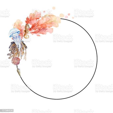 수중 암초 요소 산호 해초 해마 해파리와 껍질의 둥근 프레임 디자인 수채화를위한 공간을 복사합니다 대양저에 대한 스톡 사진 및 기타 이미지 Istock