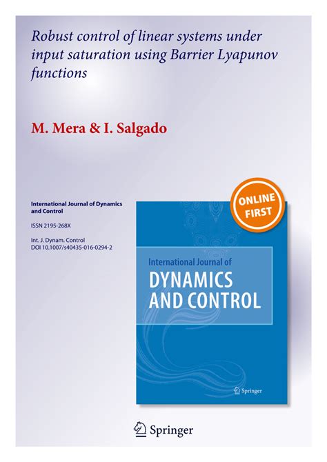 Pdf Robust Control Of Linear Systems Under Input Saturation Using Barrier Lyapunov Functions