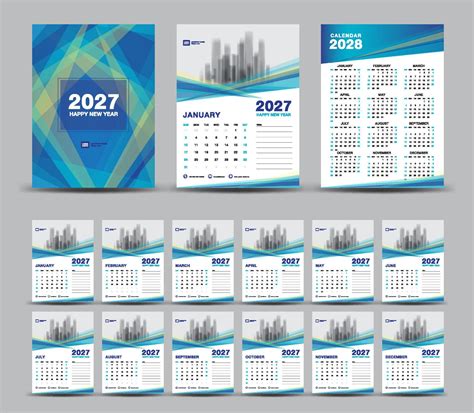 Calendar 2027 Template Set And 2028 Year Minimal Blue Background Wall