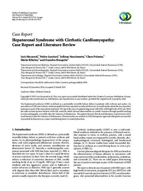 Pdf Hepatorenal Syndrome With Cirrhotic Cardiomyopathy Case Report And Literature Review