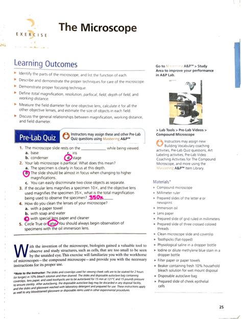 Exercise Pre Lab Quiz Pre Lab Quiz The Microscope Learning Outcomes Go To Mastering Study