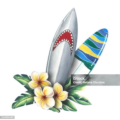 상어 패턴과 플루메리아 색상과 열대 잎의 줄무늬 프린트가 있는 서핑보드 수채화 그림입니다 서핑 컬렉션의 구성 장식과 디자인을 위해 상어상목에 대한 스톡 벡터 아트 및 기타