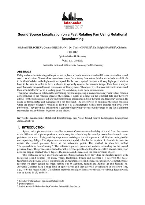 Pdf Sound Source Localization On A Fast Rotating Fan Using Rotational Beamforming