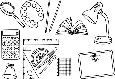 지식과 학습에 대한 주제에 대한 창의성을 위한 낙서 요소 세트입니다 16가지 요소 테이블 램프 태블릿 메모장 팔레트 돋보기 브러시 연필 나침반 막대 눈금자 사각형 지우개