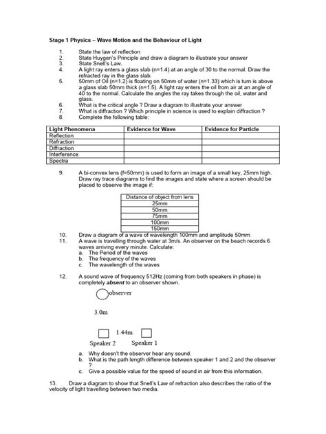 Stage 1 Physics Light And Waves Questions Pre Test Pdf Waves