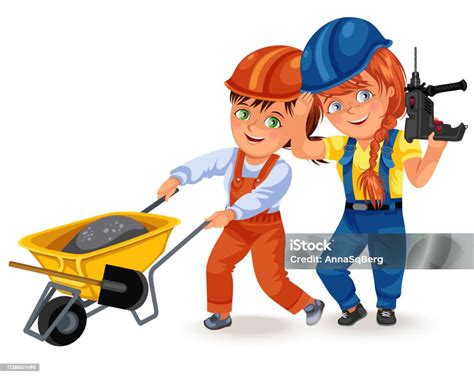헬멧 및 유니폼 롤 건설 손수레 시멘트와 강한 여자 빌더 강한 여자는 드릴 벡터 일러스트 레이 션에 의해 열심히 작품 건물