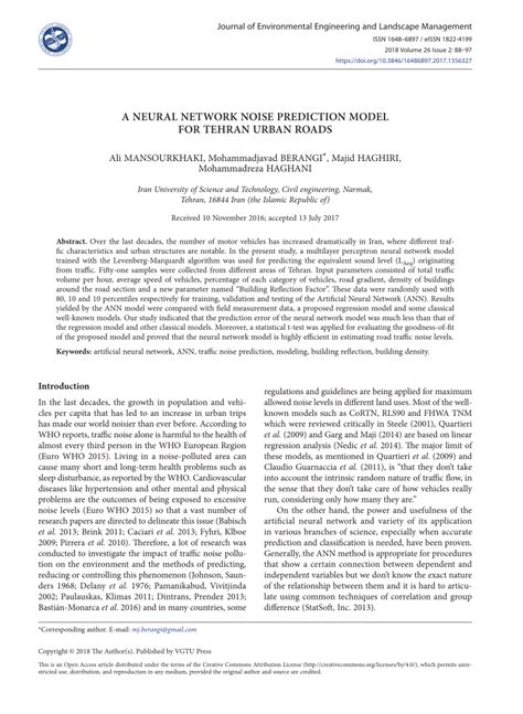 Pdf A Neural Network Noise Prediction Model For Tehran Urban Roads