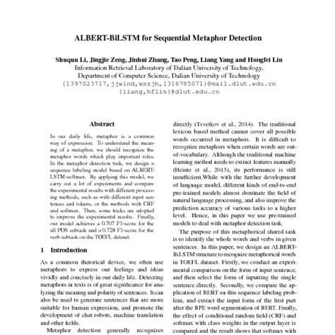 Albert Bilstm For Sequential Metaphor Detection Acl Anthology