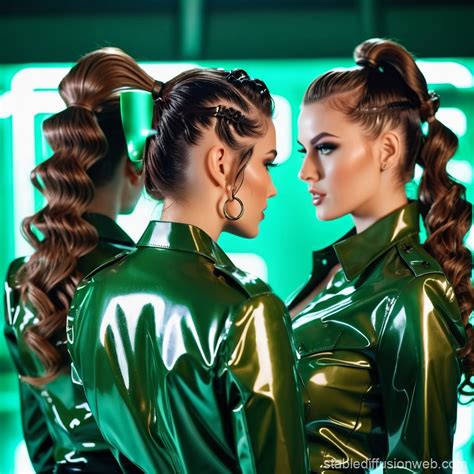 Three Bimbo Women In Vinyl Green Outfit Stable Diffusion Online
