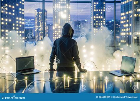 Behind The Scenes View Of A Hooded Hacker In A Room Full Of Wires And