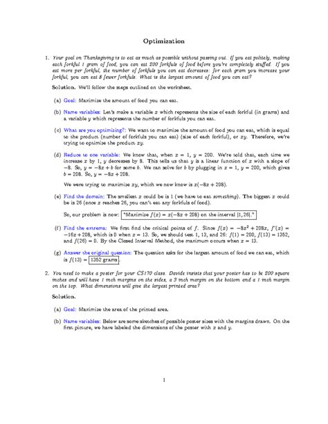 optimization practice solutions introduction to calculus optimization 1 goal on thanksgiving