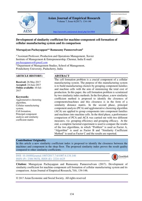 Pdf Development Of Similarity Coefficient For Machine Component Cell Formation Of Cellular