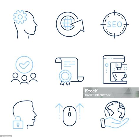 커피 메이커 서 월드 글로브 아이콘 세트 위로 스 와이프 시스템 및 엔지니어링 표지판잠금 해제 벡터 공학에 대한 스톡 벡터 아트 및 기타 이미지 Istock