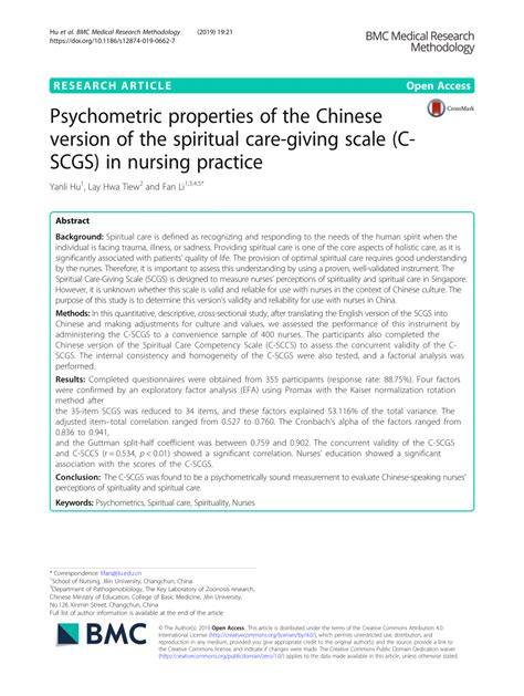 Pdf Psychometric Properties Of The Chinese Version Of The Spiritual Care Giving Scale C Scgs