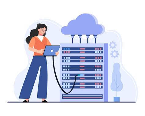Premium Vector Technician In Server Room At Data Center Using Laptop To Analyze System Cloud