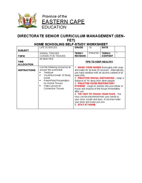 00 Life Sciences Grade 10 Worksheet Connective Tissue Province Of The
