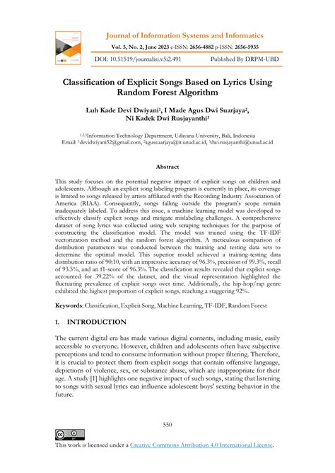 Pdf Classification Of Explicit Songs Based On Lyrics Using Random Forest Algorithm
