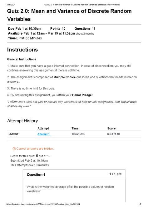 Quiz 20 Mean And Variance Of Discrete Random Variables Statistics And