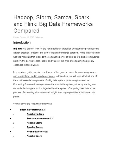 Hadoop Storm Samza Spark And Flink Big Data Frameworks Compared Pdf
