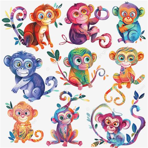 귀엽고 재미있는 원숭이 다채로운 컬렉션 매달다 점프 이국적인 Png 일러스트 및 이미지 에 대한 무료 다운로드 Pngtree
