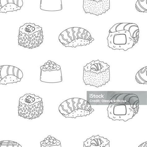 초밥과 롤의 스케치에서 매끄러운 패턴 선형 미니멀리즘 배경 아보카도와 연어 롤 와사비 생강을 곁들인 초밥 감정에 대한 스톡 벡터 아트 및 기타 이미지 Istock