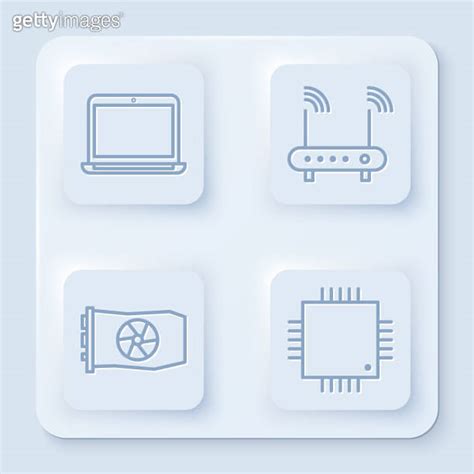 Set Line Laptop Router And Wi Fi Signal Video Graphic Card And Processor With Microcircuits