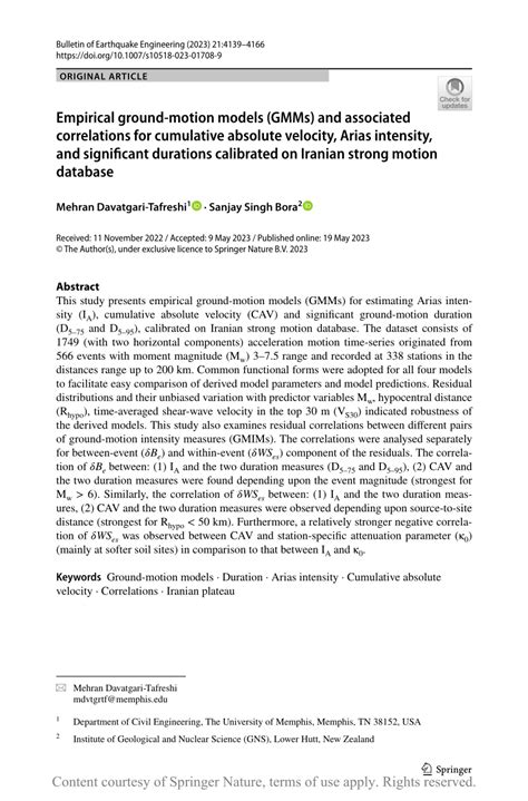 Empirical Ground Motion Models Gmms And Associated Correlations For