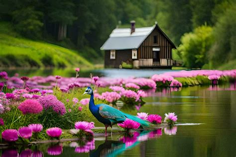 Beautiful Peacock In The Water Flowers House Nature Wallpaper Hd