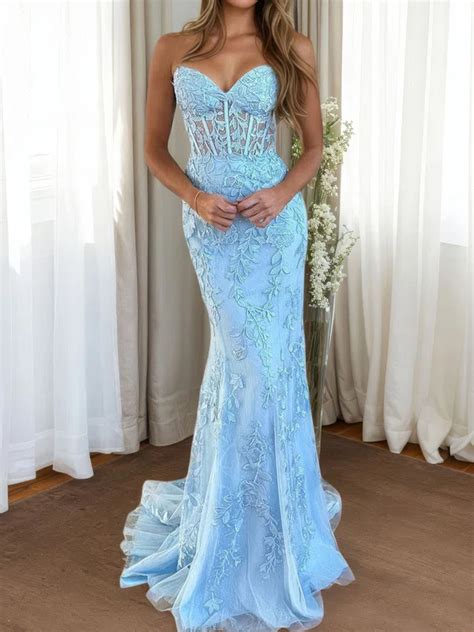 Sky Blue Mermaid Strapless Tulle Corset Prom Dresses With Appliques