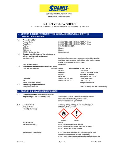 Sd1 500b Dry Moly Spray 500ml Msds Download