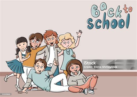학생 그룹과 함께 배너가 학교로 돌아옵니다 친구들은 서로를 보게되어 기쁩니다 포옹과 미소 대학 및 대학 급우 오프라인 교육 다양성 낙서 드로잉에 대한 스톡 벡터 아트 및