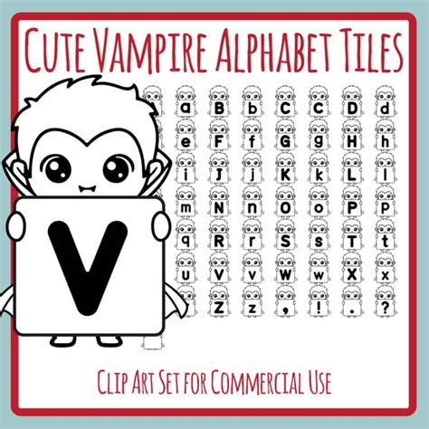 Halloween Vampire Alphabet Tiles Cute Character Alphabet Letters Bw