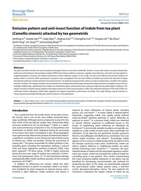 Pdf Emission Pattern And Anti Insect Function Of Indole From Tea Plant Camellia Sinensis