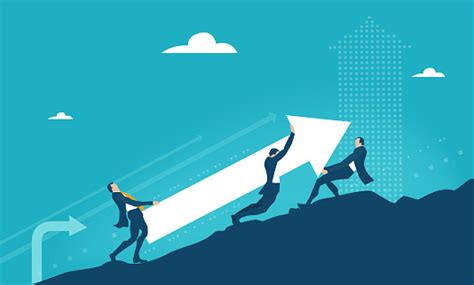 리더십 야망 팀 노력 지원 및 전달 새로운 아이디어의 상징으로 화살오르막을 당기는 비즈니스 사람들은 문제 전문적인 성장 및 성공을 해결합니다 밀기에 대한 스톡 벡터 아트 및
