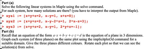 solved part a solve the following linear systems in maple