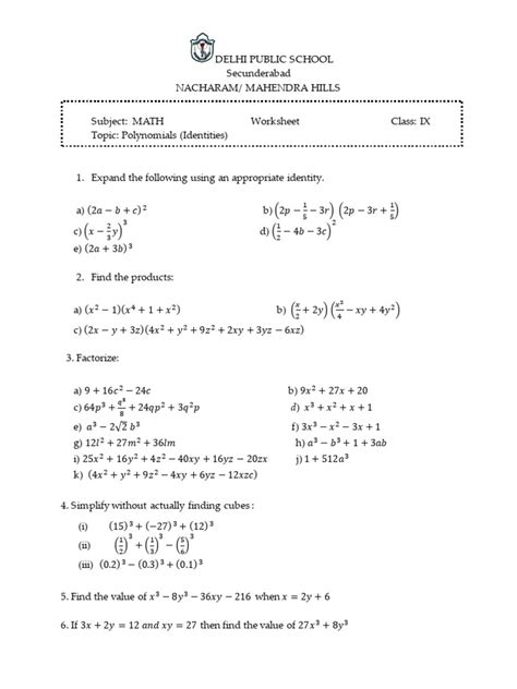Polynomials Identities Worksheet Pdf