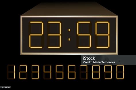 빛나는 숫자와 전자 알람 시계 네온 노란색 빛나는 전구 번호세트 검은색으로 격리된 벡터 일러스트레이션 0명에 대한 스톡 벡터 아트 및 기타 이미지 Istock