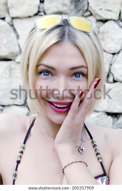 Woman Bikini Smiles On Background Stone Stock Photo 205357909 Shutterstock