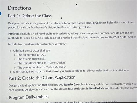 Solved Directions Part Define The Class Design A Class Chegg Com