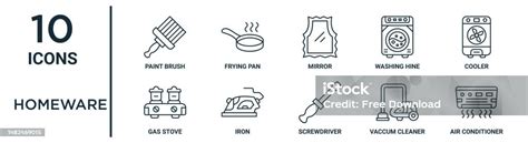 가정용품 개요 아이콘 세트에는 얇은 선 페인트 브러시 거울 쿨러 다리미 진공 청소기 에어컨 보고서 프레젠테이션 다이어그램 웹 디자인을 위한 가스 렌지 아이콘이 포함됩니다