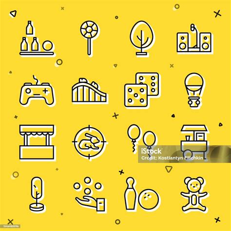 테디 베어 봉제 인형 패스트 스트리트 푸드 카트 열기구 나무 롤러 코스터 게임 패드 병 및 주사위 아이콘을 설정합니다 벡터 Brand Name Video Game에 대한