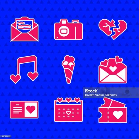 와플 콘에 아이스크림을 설정 마음과 달력 사랑 티켓 봉투 발렌타인 발렌타인 데이 파티 전단지 음악 노트 톤 마음 깨진 또는 이혼과 인사말 카드 아이콘 벡터 공휴일에 대한