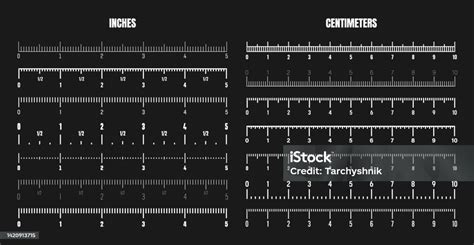 길이 또는 높이를 측정하기위한 사실적인 검은 센티미터와 인치 스케일 분할이 있는 다양한 측정 스케일 눈금자 테이프 측정 표시