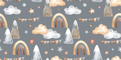 파스텔 색상의 베이비 샤워를 위한 산과 무지개가 있는 완벽 한 패턴입니다 고립 된 배경에 아이 직물에 대 한 구름과 별과 손으로 그린 수채화 패턴 유치한 디자인을 위한 그림