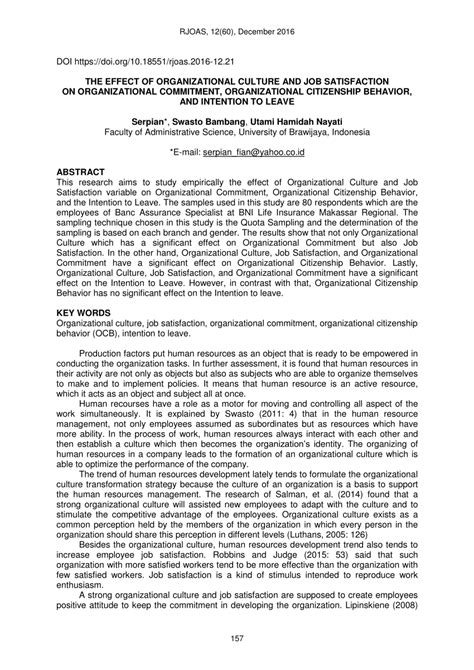 Pdf The Effect Of Organizational Culture And Job Satisfaction On Organizational Commitment
