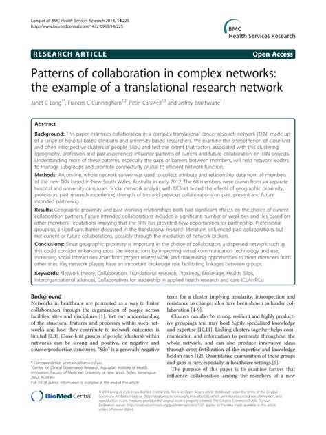Pdf Patterns Of Collaboration In Complex Networks The Example Of A Translational Research Network