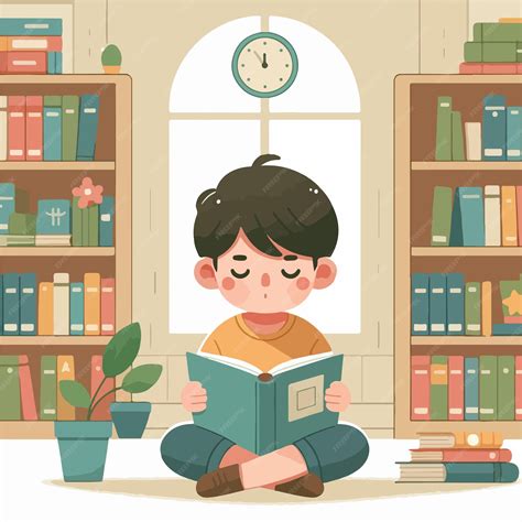Niño Leyendo Un Libro En La Biblioteca Vector Premium