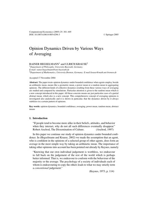 Pdf Opinion Dynamics Driven By Various Ways Of Averaging