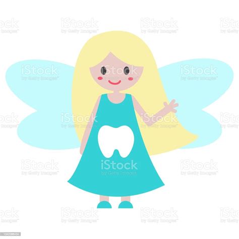 재미있는 만화 이빨 요정 공정한 머리와 날개귀여운 소녀 치아 프린트가 있는 블루 드레스의 요정 어린이와 어린이를위한 그림 책